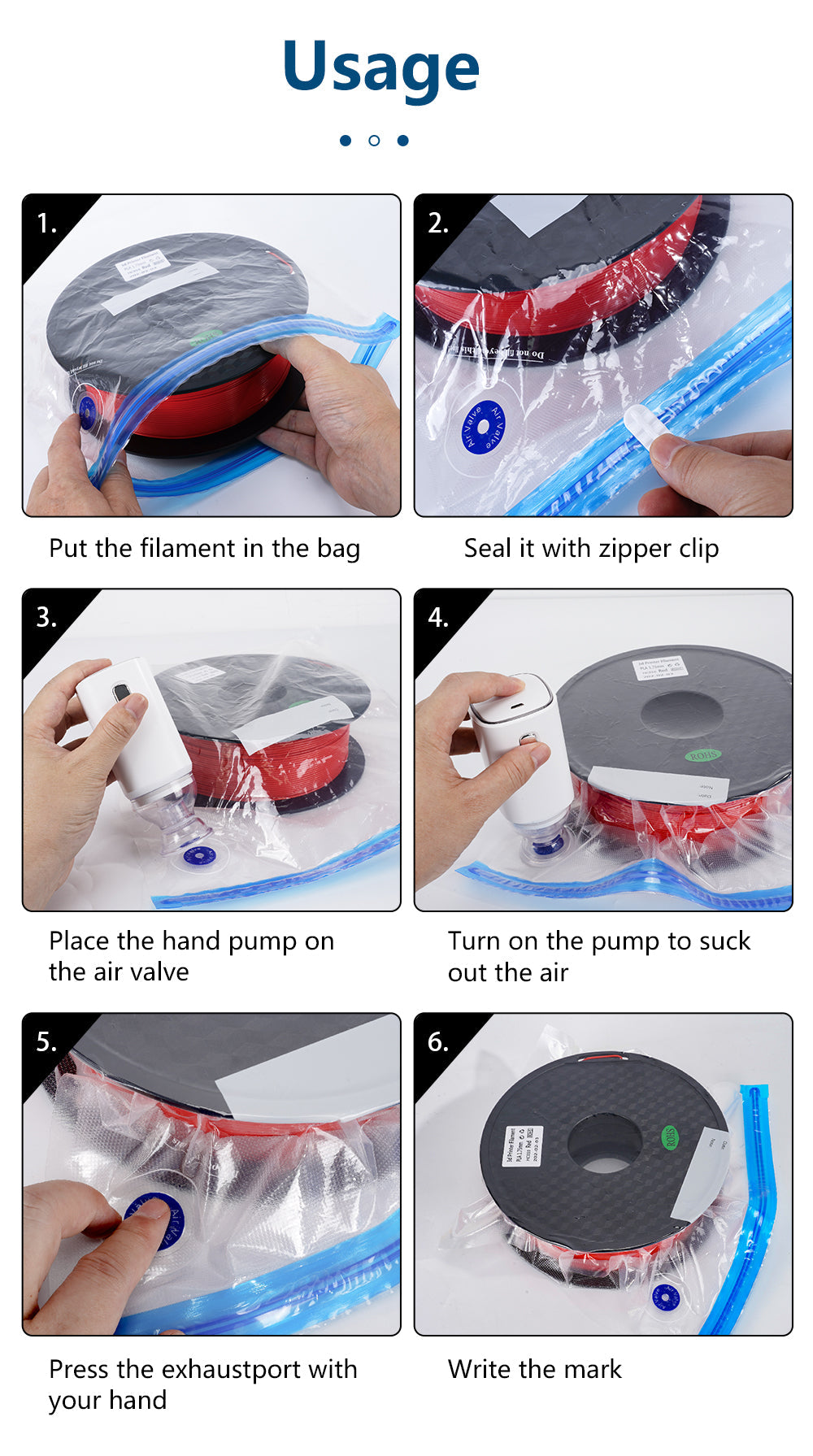 Vacuum filament storage bag with suction Pump – P3D