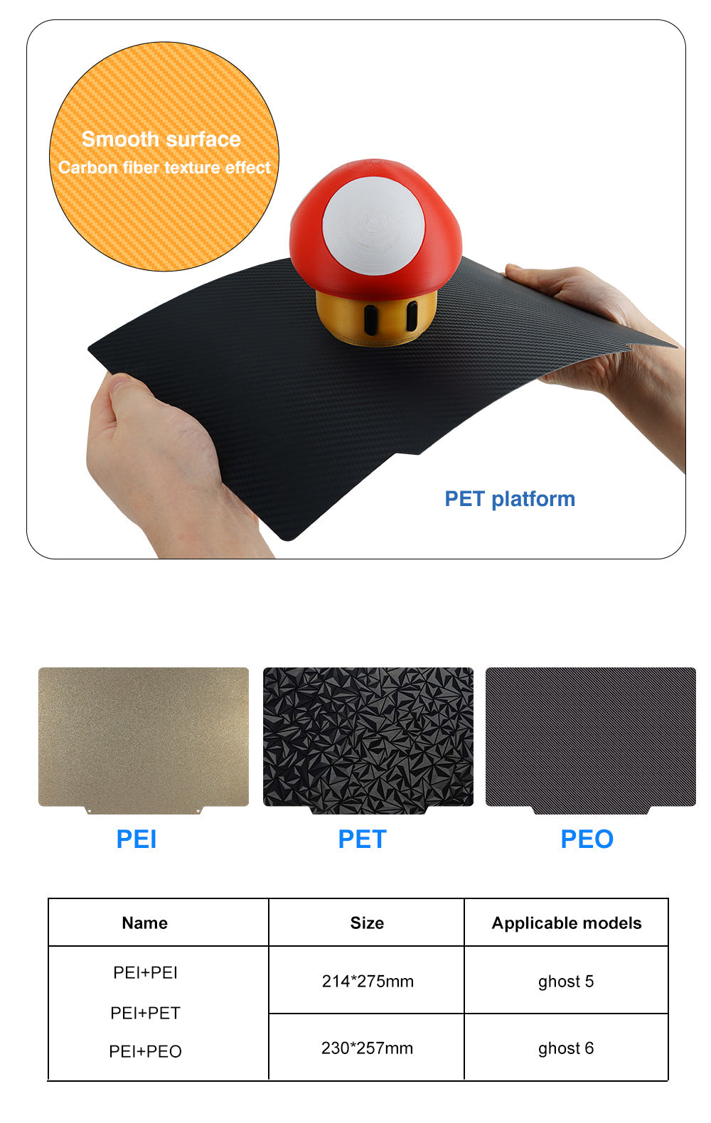 PEO PEI Sheet For Flyingbear Ghost 6 Diamond/ Carbon Fiber/ PEI – P3D